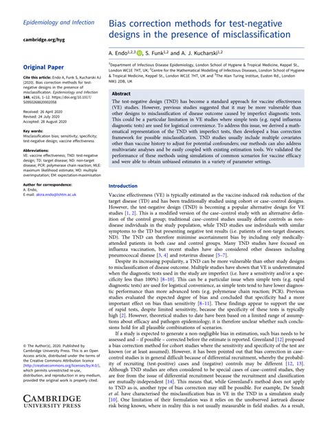 Pdf Bias Correction Methods For Test Negative Designs In The Presence Of Misclassification