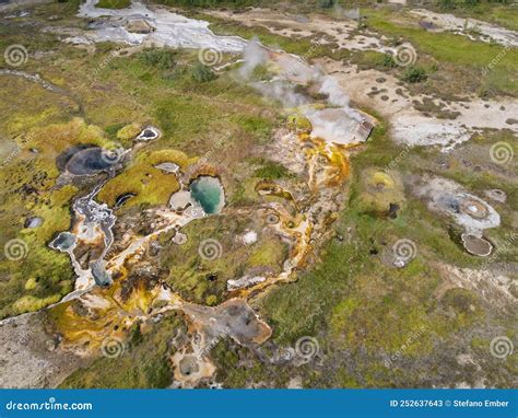 Drone View At The Geothermal Field Of Geysir In Iceland Stock Image