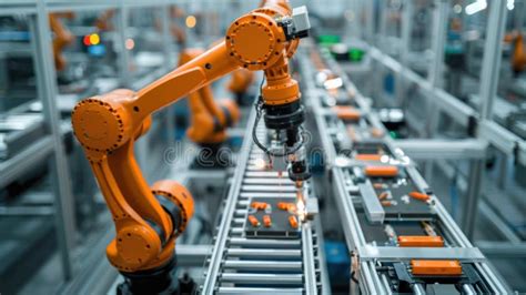 High Tech Robotics Assembly Line Automated Arms Building Electronic Components Stock