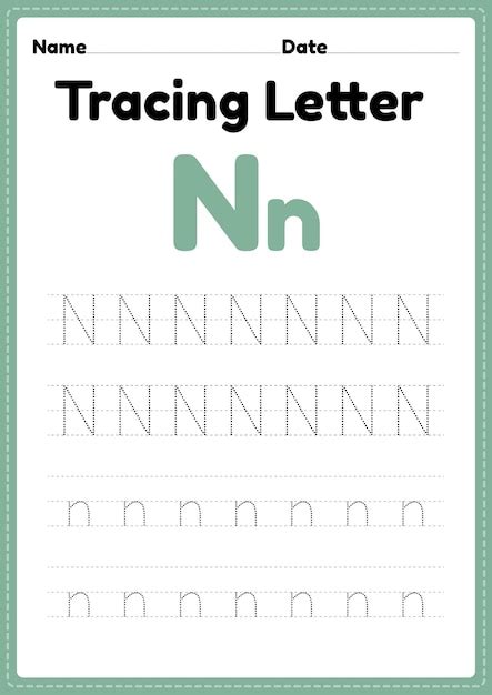 필기 연습을 위한 유치원 및 미취학 아동을 위한 추적 문자 N 알파벳 워크시트 프리미엄 벡터