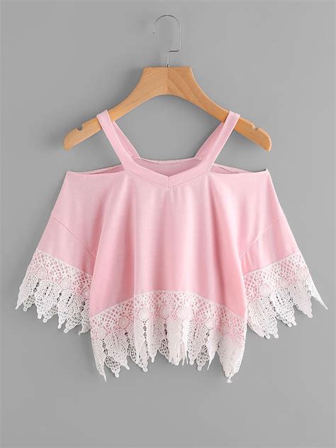 Romwe Romwe Open Shoulder Lace Hem Tee Fashion