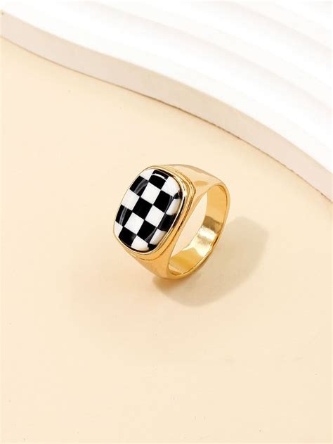 Anel Padrão Xadrez Decoração Oval Checkered Pattern Gold Collar