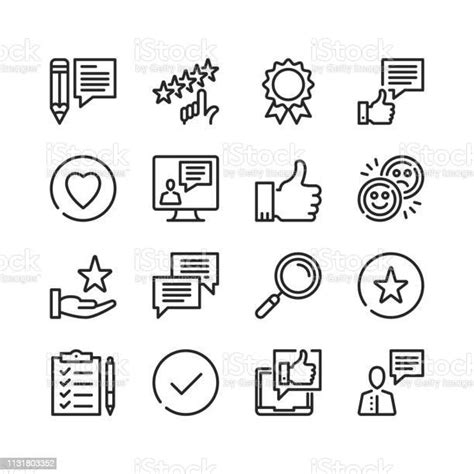 피드백 아이콘을 설정 합니다 온라인 설문 조사 검토 고객 경험 좋은 품질의 개념 완벽 한 픽셀 선형 윤곽선 기호입니다 얇은 라인 디자인 벡터 라인 아이콘 세트 아이콘에 대한