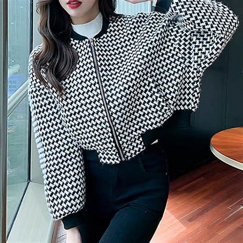 블랙 화이트 패턴 모직 크롭자켓 크롭 집업 숏자켓