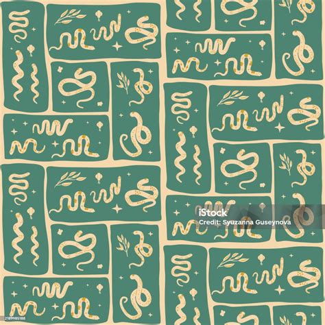 조디악 녹색 뱀 도시락 그리드 완벽 한 패턴 중국 설날 Cny 축하 모듈러 모자이크 반복 커버 달의 파티 표면 패턴 디자인은 축제 모티브입니다 벡터 손으로 그린 평면