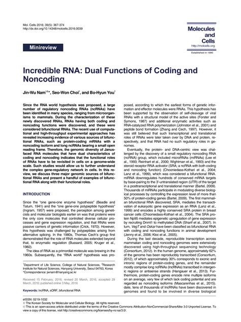 Pdf Incredible Rna Dual Functions Of Coding And Noncoding