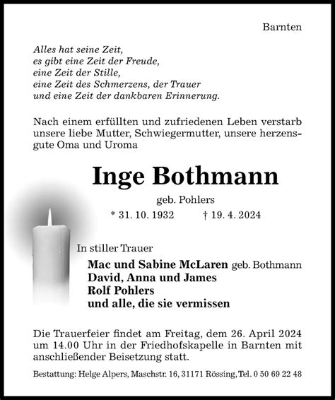 Traueranzeigen Von Inge Bothmann Trauerportal Hildesheimer Allgemeine