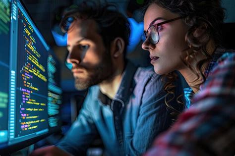 two people focused on coding and data analysis on screens premium ai