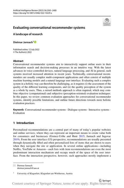 Pdf Evaluating Conversational Recommender Systems A Landscape Of Research