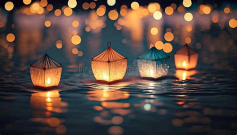 Paper Lanterns Float On Water Floating Lantern Festival Memorial Day Stock Illustration