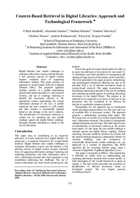 Pdf Context Based Retrieval In Digital Libraries Approach And Technological Framework♣