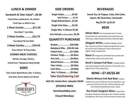 Boneheads Texas Bbq Menu In Lafayette Ca Order Delivery And Reviews
