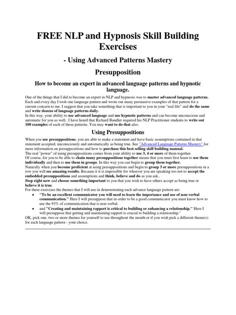Free Nlp And Hypnosis Skill Building Exercises Pdf Neuro Linguistic