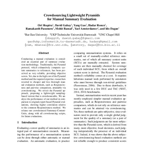 Crowdsourcing Lightweight Pyramids For Manual Summary Evaluation Acl Anthology