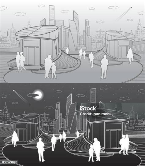 현대 건축 술입니다 지하도 입구입니다 미래 도시 그림입니다 산책 하는 사람들 비행기 비행입니다 흰색과 회색 라인 벡터 디자인 아트 개념에 대한 스톡 벡터 아트 및 기타