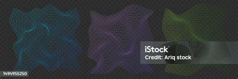 Distorted Neon Grid Pattern Warped Mesh Texture Retro Punk Design Elements Wireframe Wave