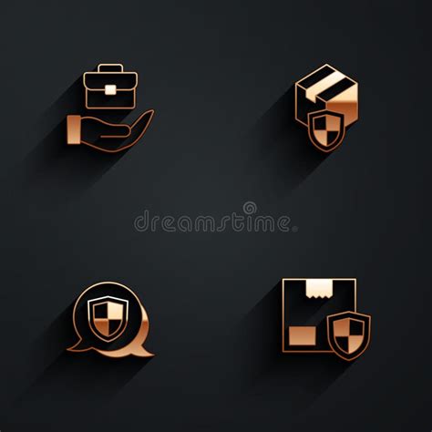 Set Hand Holding Briefcase Delivery Security With Shield Shield And Icon With Long Shadow