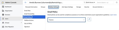user specific admin console settings zoho mail