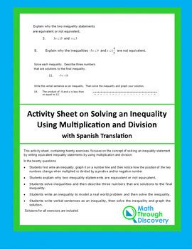 Alg Solving Inequalities Using Multiplication And Division Activity Sheet