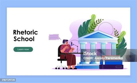 수사학 학교 랜딩 페이지 마이크를 가진 여자 웅변 기술 개발을 위한 수사학 학교 원격 교육 및 학습 평면 벡터 일러스트 레이 션 마이크에 대한 스톡 벡터 아트 및 기타
