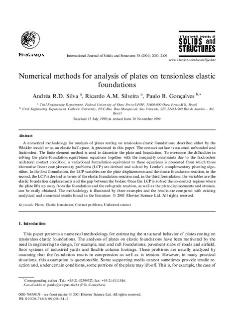 Pdf Numerical Methods For Analysis Of Plates On Tensionless Elastic