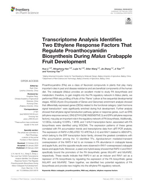 Pdf Transcriptome Analysis Identifies Two Ethylene Response Factors That Regulate