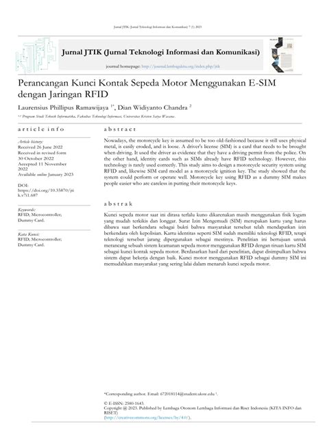 Pdf Perancangan Kunci Kontak Sepeda Motor Menggunakan E Sim Dengan