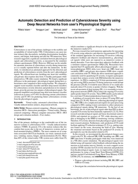 Automatic Detection And Prediction Of Cybersickness Pdf