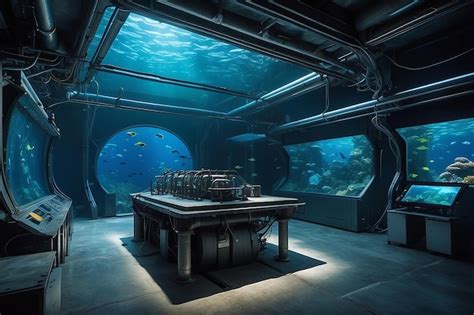 Premium Ai Image Aquatic Workshop Symbiosis Of Bioluminescent Machinery And Oceanic Currents