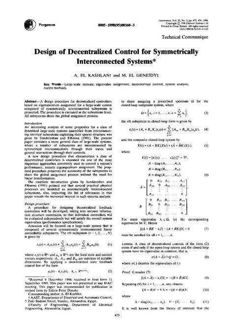 Pdf Design Of Decentralized Control For Symmetrically Interconnected