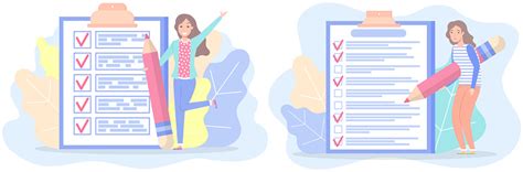 근처에 거대한 연필을 가진 긍정적이고 부정적인 비즈니스 여성이 클립보드 용지에 체크리스트를 표시했습니다 개념에 대한 스톡 벡터 아트 및 기타 이미지 Istock