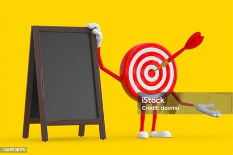 양궁 표적과 다트 중앙에 있는 만화 인물 캐릭터 마스코트에는 빈 나무 메뉴 칠판이 야외 전시되어 있다 3d 렌더링 3차원 형태에