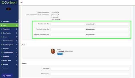 New Administrator User Permissions Gotsport