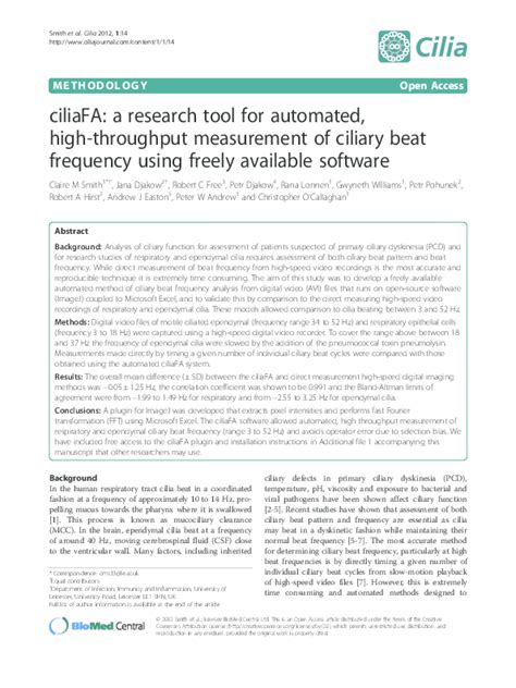Ciliafa A Research Tool For Automated High Throughput Measurement Of Ciliary Beat Frequency