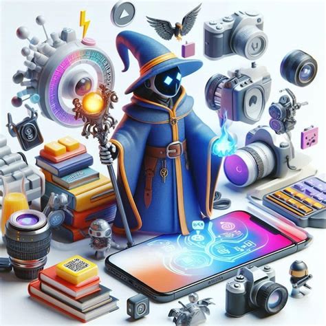 A Collection Of Various Objects Including A Robot And A Cell Phone