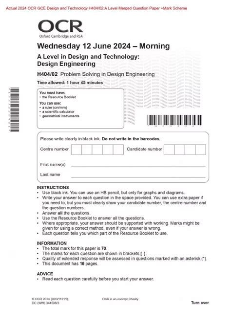 Actual OCR GCE Design And Technology H Problem Solving In DesignEngineering A Level