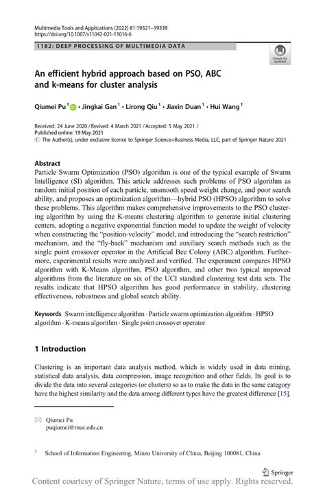 An Efficient Hybrid Approach Based On Pso Abc And K Means For Cluster Analysis