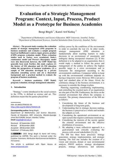 Pdf Evaluation Of A Strategic Management Program Context Input