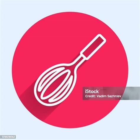 긴 그림자로 격리 된 화이트 라인 키친 거품기 아이콘 조리 기구 계란 비터 칼 붙이 기호 음식 믹스 기호 빨간색 원 버튼입니다 벡터 강철에 대한 스톡 벡터 아트 및 기타