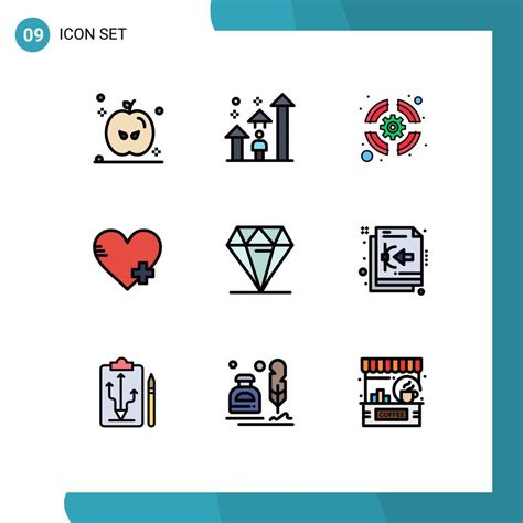 Mobile Interface Filledline Flat Color Set Of 9 Pictograms Of Rich Diamond Lifebuoy Heart Add