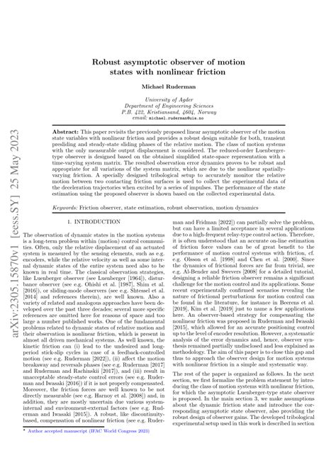 Pdf Robust Asymptotic Observer Of Motion States With Nonlinear Friction