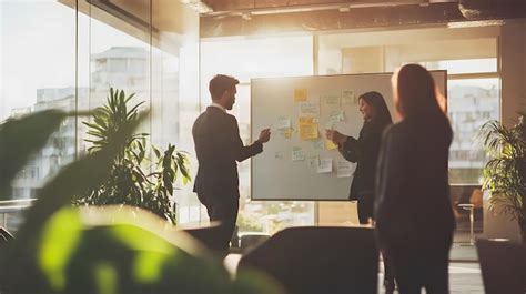 Businesspeople Collaborating On Whiteboard With Sticky Notes Premium Ai Generated Image