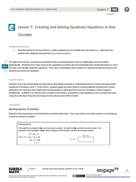 Algebra I M4 Topic A Lesson 7 Teacher Pdf Area Equations