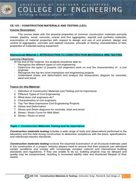 Week 1 Introduction To Construction Materials And Testing Pdf
