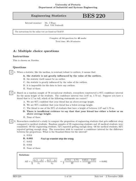 2020 Bes 220 Semester Test 3 Memo Pdf Caffeine Variance