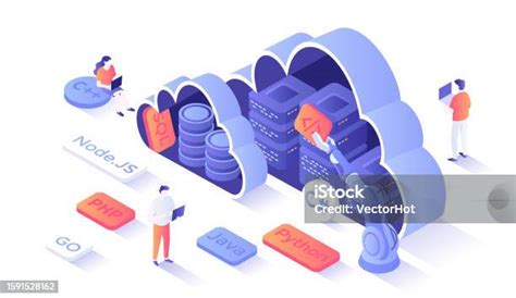 백엔드 개발 코딩 소프트웨어 엔지니어링 프로그래밍 언어 큰 클라우드의 서버 랙 데이터베이스 노트북 화면의 프로그램 코드 웹용 인물 장면이 있는 아이소메트리 그림 등장인물에