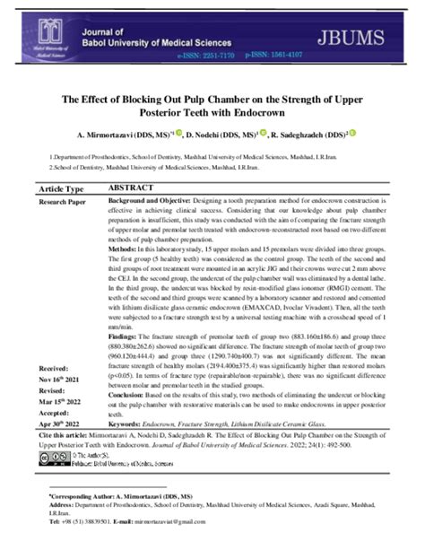 Pdf The Effect Of Blocking Out Pulp Chamber On The Strength Of Upper