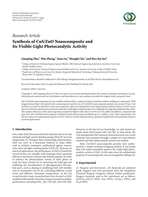 Pdf Synthesis Of Cus Zno Nanocomposite And Its Visible Light