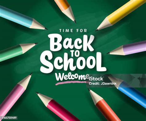 돌아 가기 환영 포스터 전단지 배너 템플릿 디자인 텍스트 레이아웃과 칠판 질감에 3d 색연필 아이콘 0명에 대한 스톡 벡터 아트