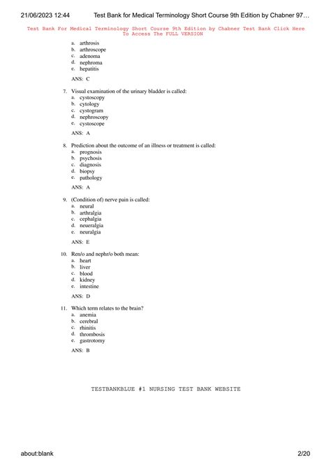 Solution Nursing 2115 Harvard University Test Bank For Medical Terminology Short Course 9th